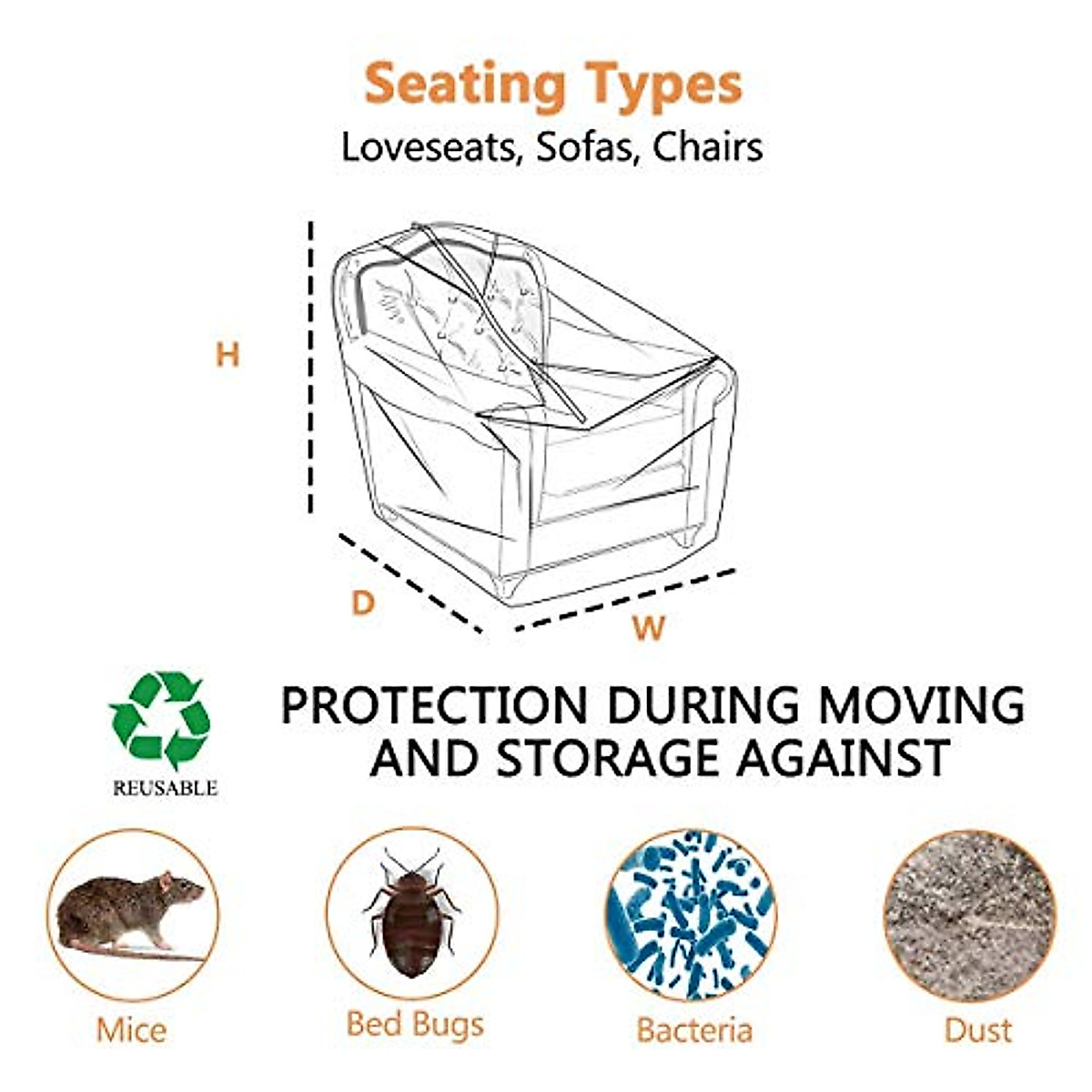 STARTWO Furniture Cover Plastic Bag Plastic Couch Cover Heavy Duty Water Resistant Thick Clear | Sofa Slipover for Moving and Long Term Storage 42”(Width) x 34”(Depth) x 42"(Height)