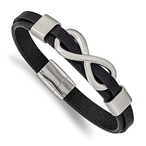 9.2mm Chisel Stainless Steel Brushed and Polished Infinity Symbol Black Leather Bracelet 8 Inch Jewelry for Women