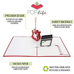 PopLife Guitar 3D Pop Up Card - Musician Birthday Card, Retirement Party, Father's Day, Teacher Gift from Student, Rock Band, Music School Graduation, Electric Bass Player, Concert, Recital