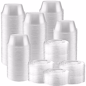 Starz Cupcakes 2 oz - 100 Sets Disposable Plastic Cups with Lids for Gelatin Shots, Condiments &/or Souffle Cups