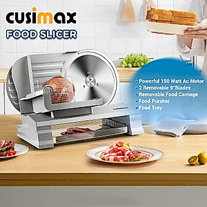 CUSIMAX Meat Slicer for Home with 1-20mm Adjustable Thickness，Electric Deli Slicer for Food Tray,Two 9" Stainless Steel Blades and Removable Food Carriage,Easy for Cut all Foods