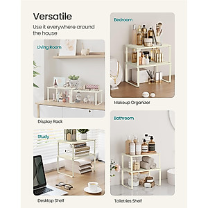 SONGMICS Cabinet Organizer Shelf, Set of 2 Kitchen Counter Shelves, Kitchen Storage, Spice Rack, Stackable, Expandable, Metal and Engineered Wood, Cream White UKCS002W02