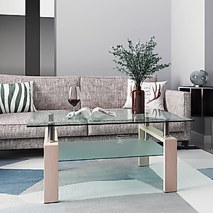 POULEII Rectangle Oak Glass Coffee Table,Clear Coffee Table,Modern Side Center Tables for Living Room.