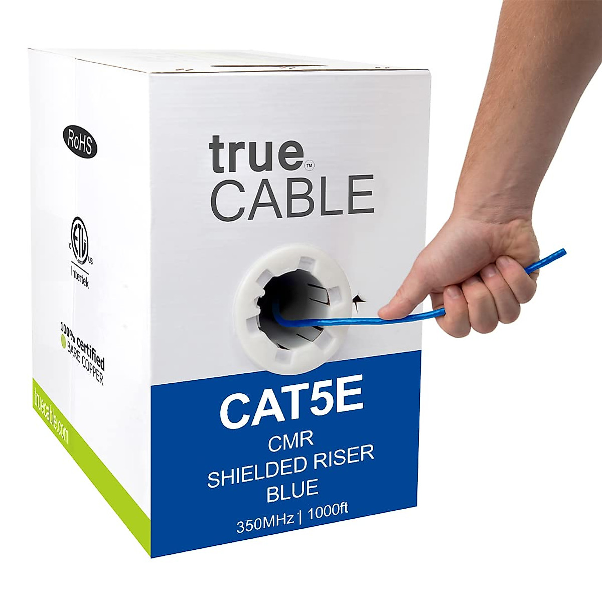 trueCABLE Cat5e Shielded Riser (CMR), 1000ft, Blue, 24AWG Solid Bare Copper, 350MHz, PoE++ (4PPoE), ETL Listed, Overall Aluminum Foil Shield (F/UTP), Bulk Ethernet Cable