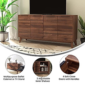 Flash Furniture Hatfield Mid-Century Modern Storage Buffet Sideboard, 4 Soft Close Doors, Adjustable Shelves, Stand for up to 64" TV's, 59.25", Dark Walnut
