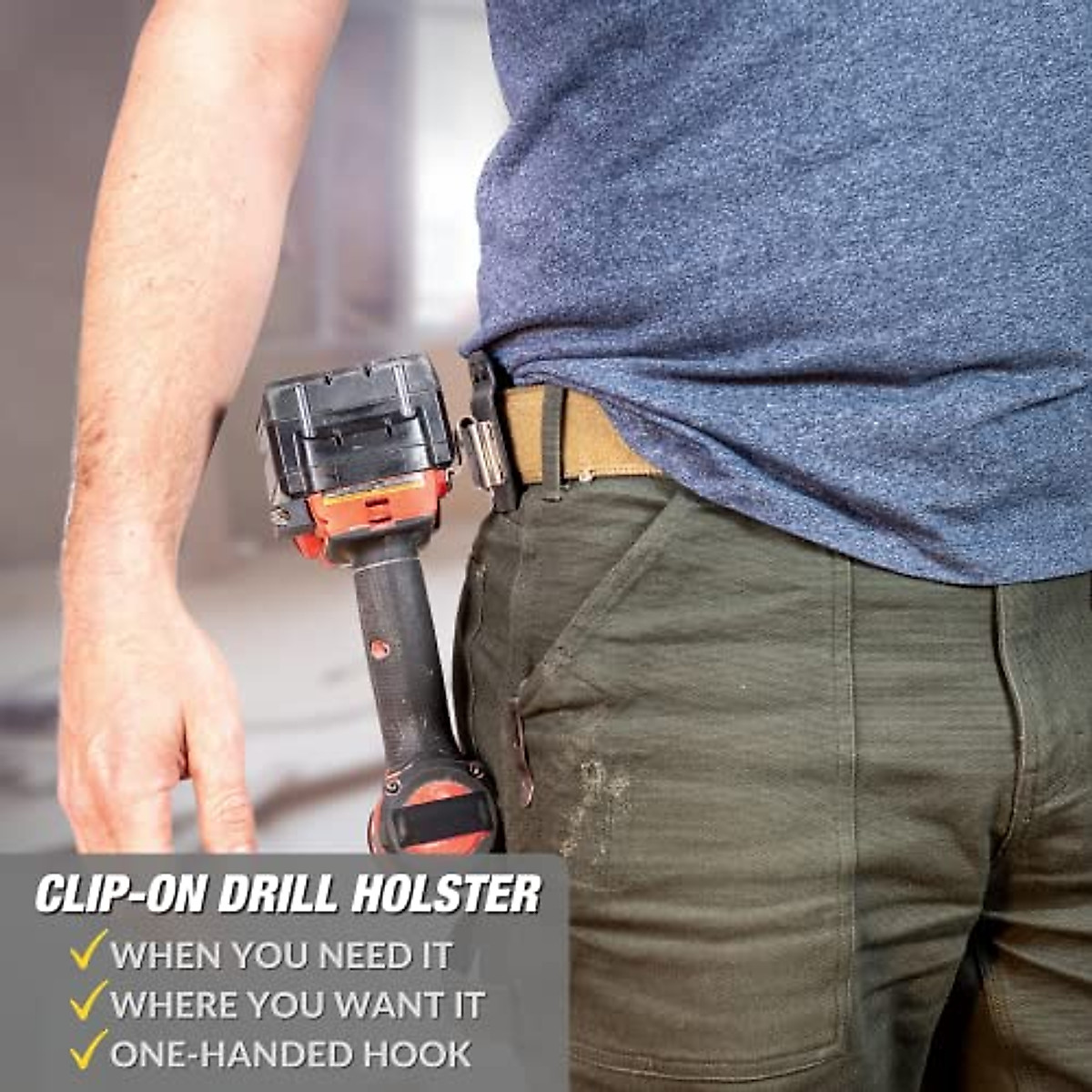 Holstery DriverMaster | Clip-On Tool Belt Drill Holder - Simple Hook Holster for Cordless Drill, Impact, Nailer, Tape Measure, or Any Tools with Hanger Clips