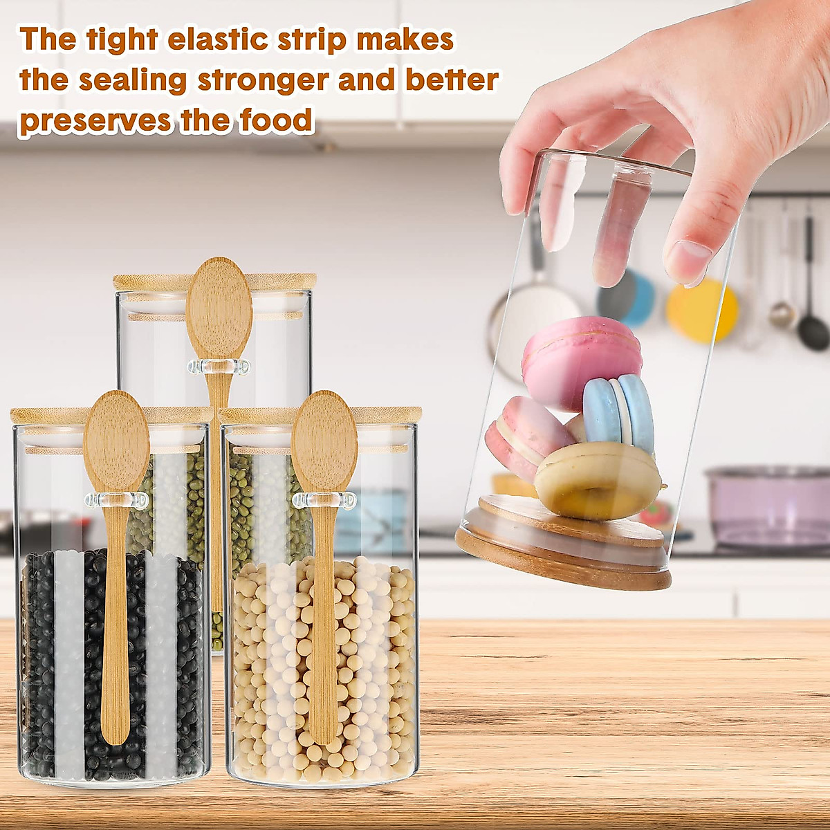 12 Sets Glass Jars with Bamboo Lid and Spoon 23 oz Clear Canisters with Airtight Wooden Lid for Coffee Beans Sugar Flour Nuts Spice Candy Loose Tea Food Kitchen Storage