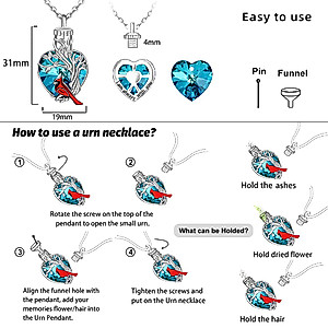 Cardinal Urn Necklace for Ashes for Women Tree of Life Cremation Urn Necklace Sterling Silver Heart Crystal Red Cardinal Memorial Keepsake Jewelry Pendant Christmas Gifts