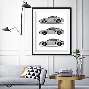 Porsche Cayman Generations (Side/Profile) Inspired Car Poster - Handmade Print of Cayman (718/981/ 987) - Silver, 11x14" Metallic Print (Unframed)-Perfect Gift Car Enthusiast
