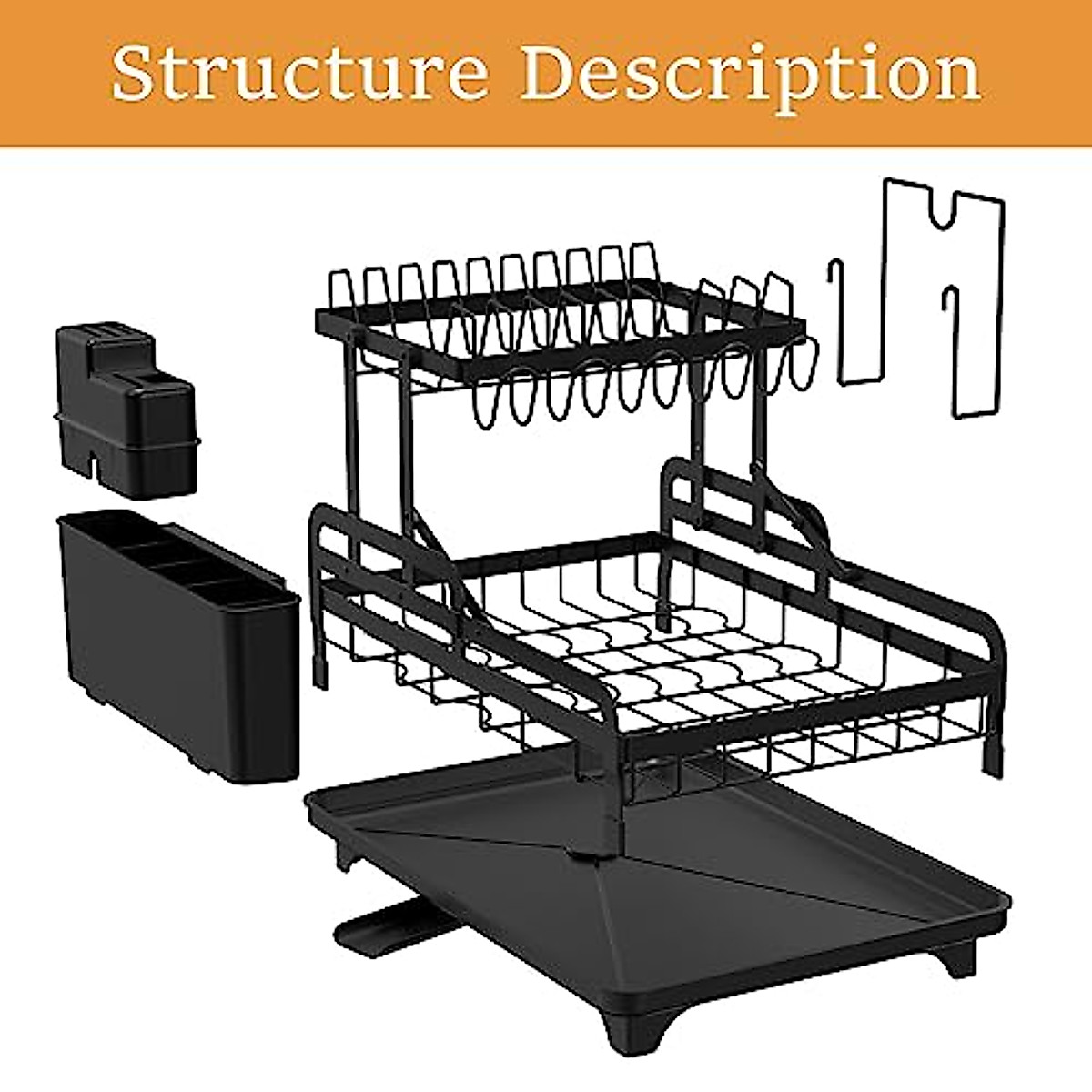 bukfen New Over The Counter Dish Rack(16.3 * 11.4 * 10.8in, Black), 2-Tiers, No Installation Stainless Steels Multifunctional Dish Drying Rack for Draining Plates