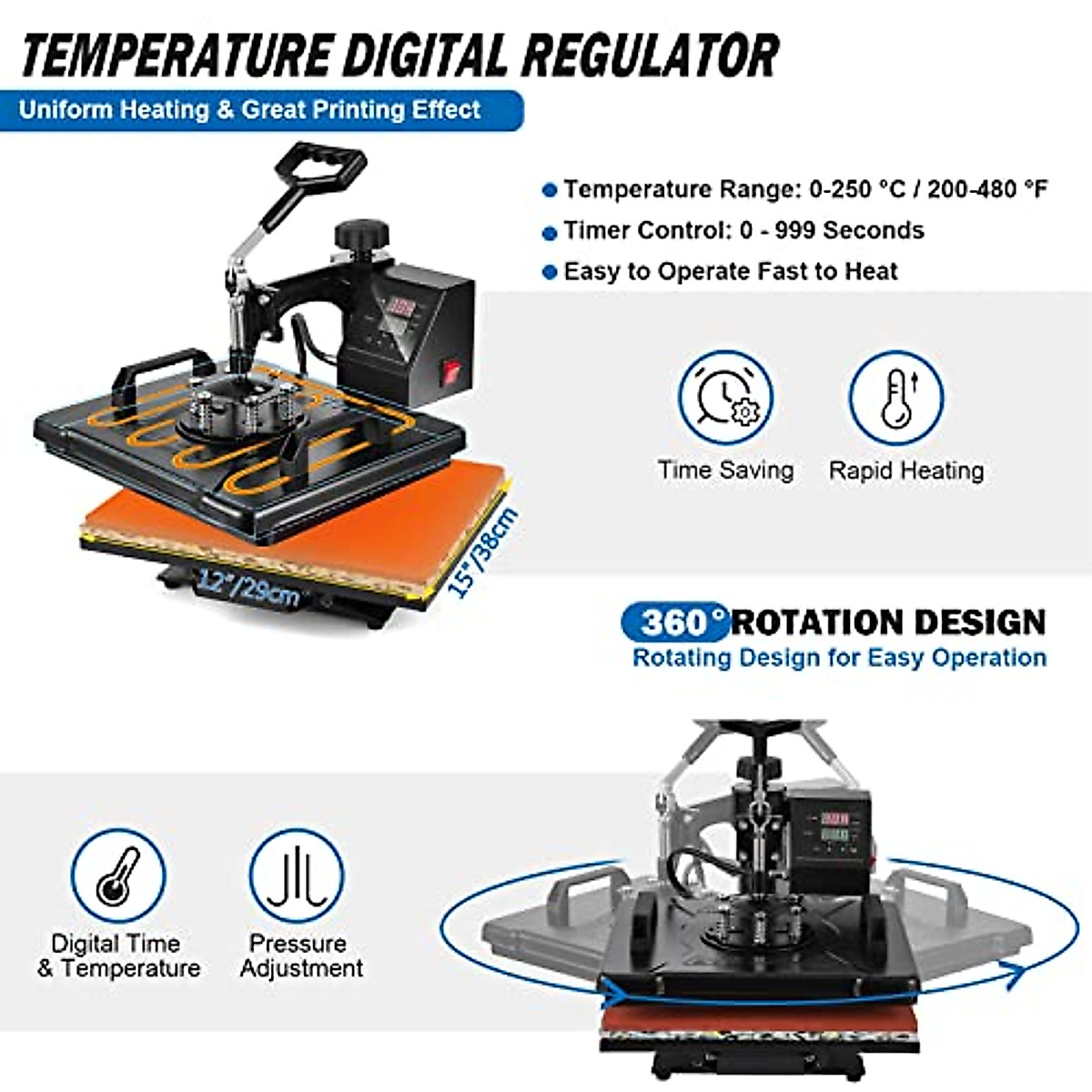 TOPDEEP 8 in 1 Heat Press Machine 12x15 inch, Combo Swing Away T Shirt Pressing Machine, Sublimation Heat Press Transfer Machine for T-Shirt Hat Cap Mug Plate