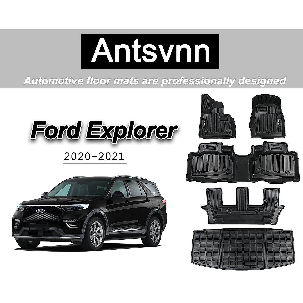 Antsvnn Floor Mats 3 Row & Cargo Liner for 2024 2023 2022 2021 2020 Ford Explorer All-Weather Guard Fits 7 Passenger Models