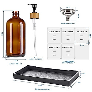 Glass Soap Dispenser, 16oz Shampoo Bottles with Pumps & Tray & Waterproof Labels Set, Liquid Container Counter Organizers for Bathroom Kitchen Lotion Conditioner, Home Decor Essentials (Amber)