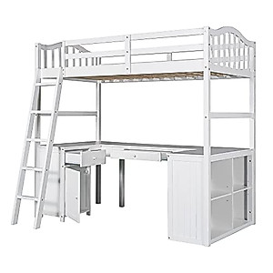 DNChuan Loft Bed with Desk/Drawers/Cabinet/Shelves, Wooden Loft Bed More Storage Space Twin Size - White