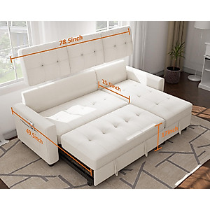 Ucloveria Sectional Sofa Couch, Sleeper Sofa Bed with Reversible Storage Chaise Pull Out Couch Bed for Living Room L-Shape Lounge 2 in 1 Futon Sofa with Side Storage Bag, 49"D x 78.5"W x 49"H, Beige