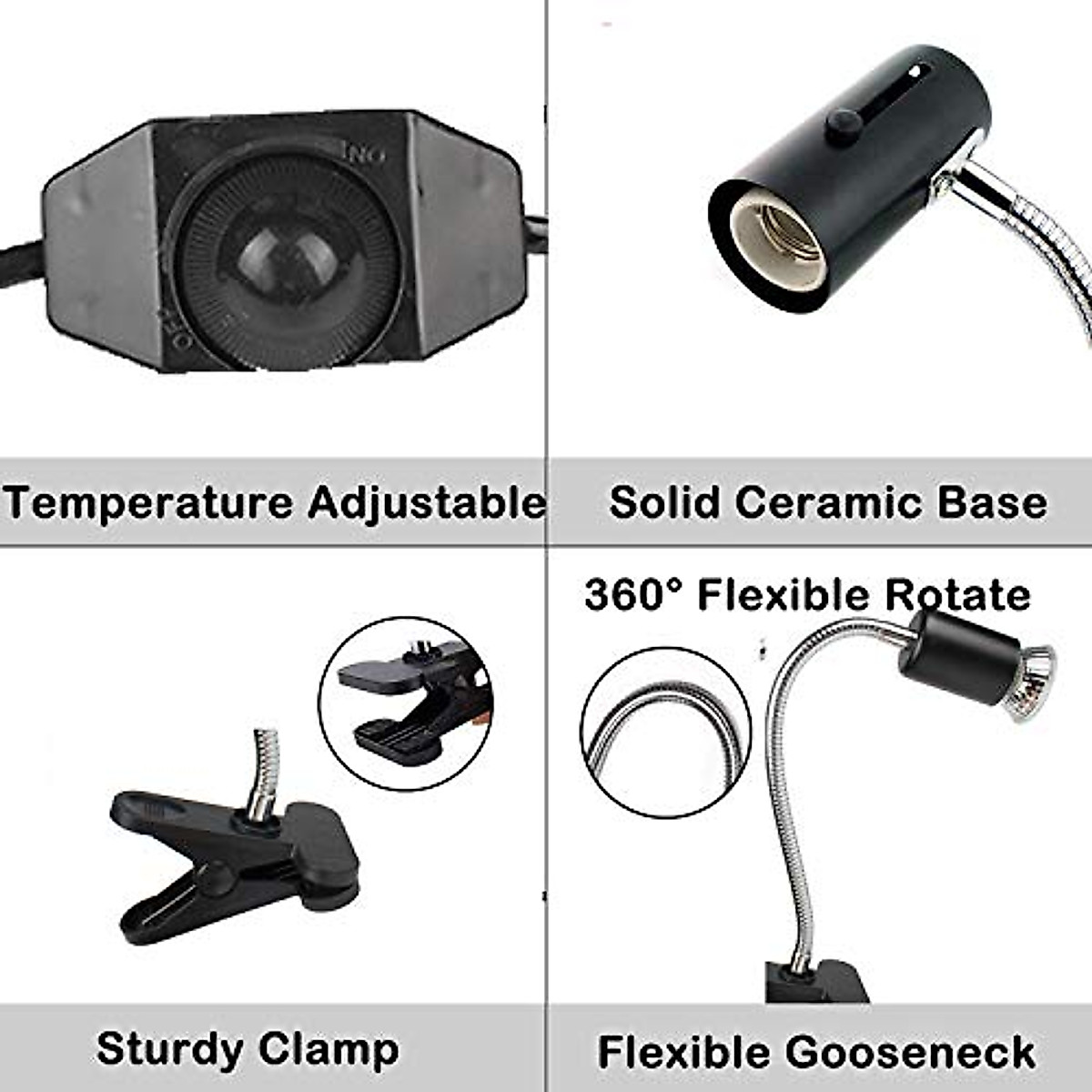 JackSuper 75W Reptile Heat Lamp, Turtle Heating Light UVA UVB Temperature Adjustable 360°Rotatable Clip Basking Lamp for Amphibian Reptile Turtle Lizard Snake (Heat Light with 2pcs 75W Bulb)