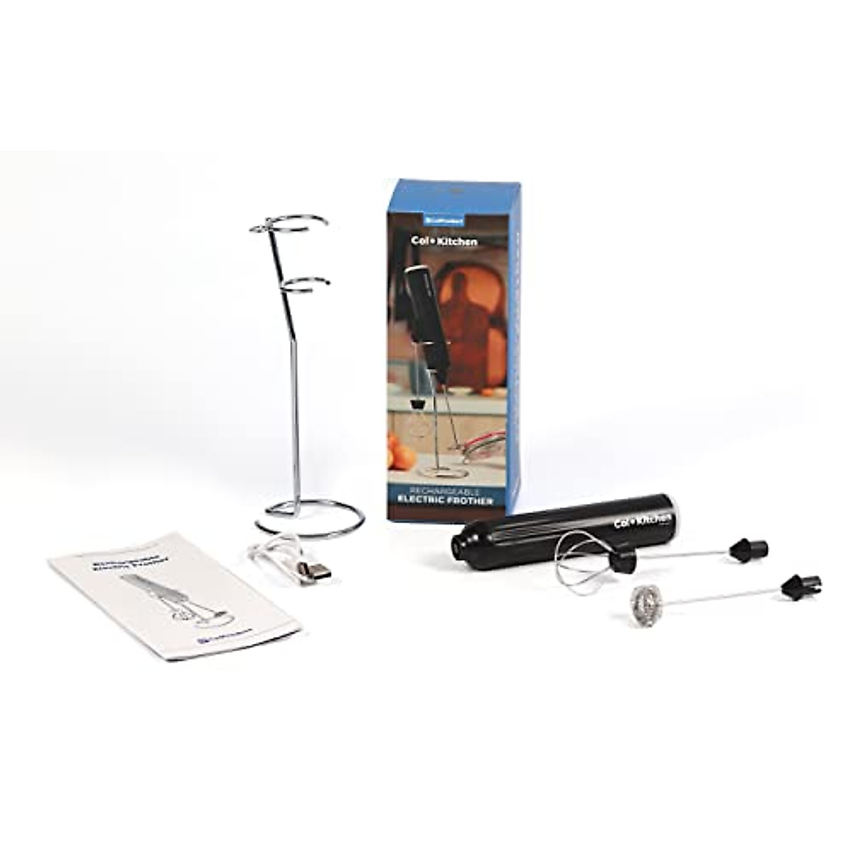 COLPRODUCT – Kitchen tool. Rechargeable drink mixer electric handheld. Milk frother for coffee, bubble tea, chocolate, frappe, and cocktail maker and scrambled eggs. Two mini whisk included.