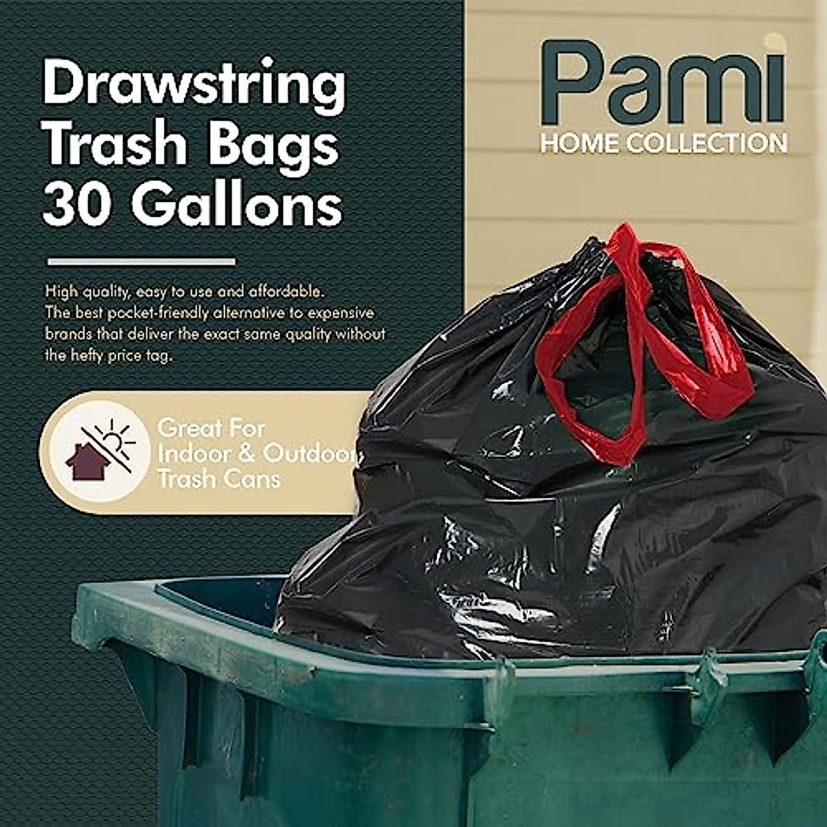 PAMI Large 30-Gallon Drawstring Trash Bags [20-Pack, Black] - Multipurpose Extra-Strong Plastic Garbage Bags- Thick Unscented Trash Can Liners For Kitchen, Bathroom, Lawn, Outdoor Bins- 2ft x2ft