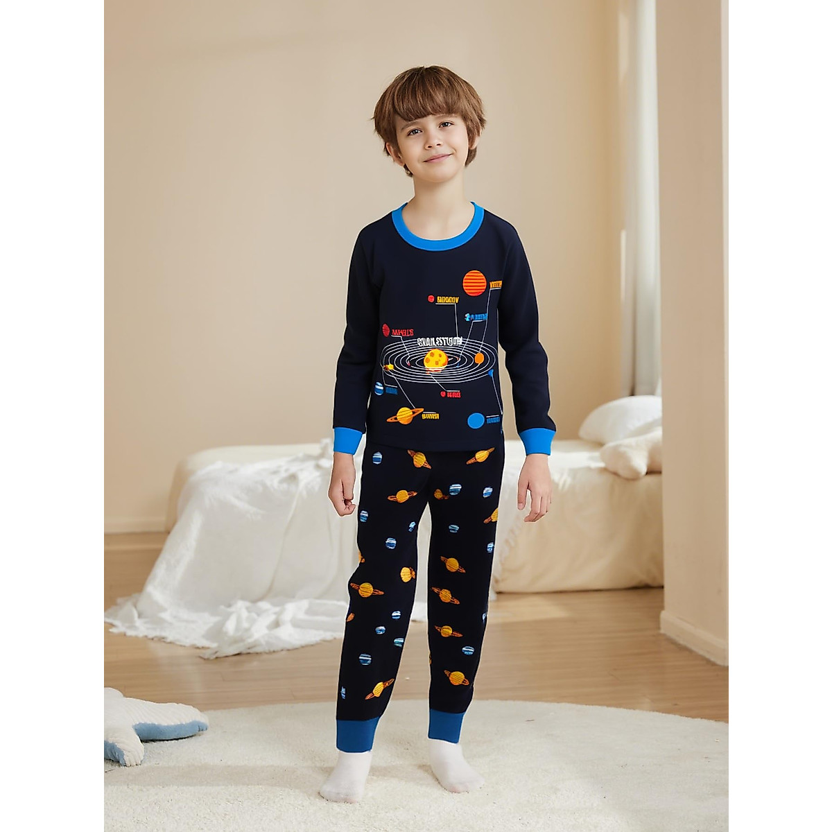 Little Boys Space Pajamas Sets for Toddler 100% Cotton Dinosaur Train Rocket Glow in Dark Sleepwear Long Sleeve 2 Piece kids Clothes Pjs 3-7T starry1-6256-6T