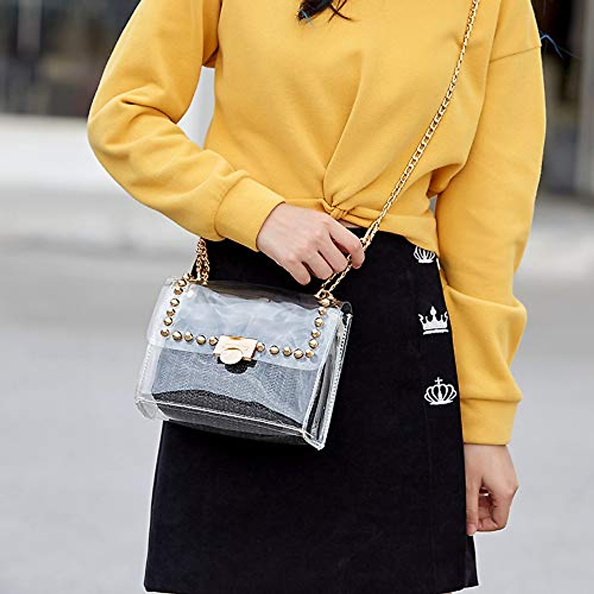 YYW 2 in 1 Clear Purses for Women Clear Clutch Purse, Clear Studded Crossbody Bag Stadium Approved, with Straw Purse (Black)