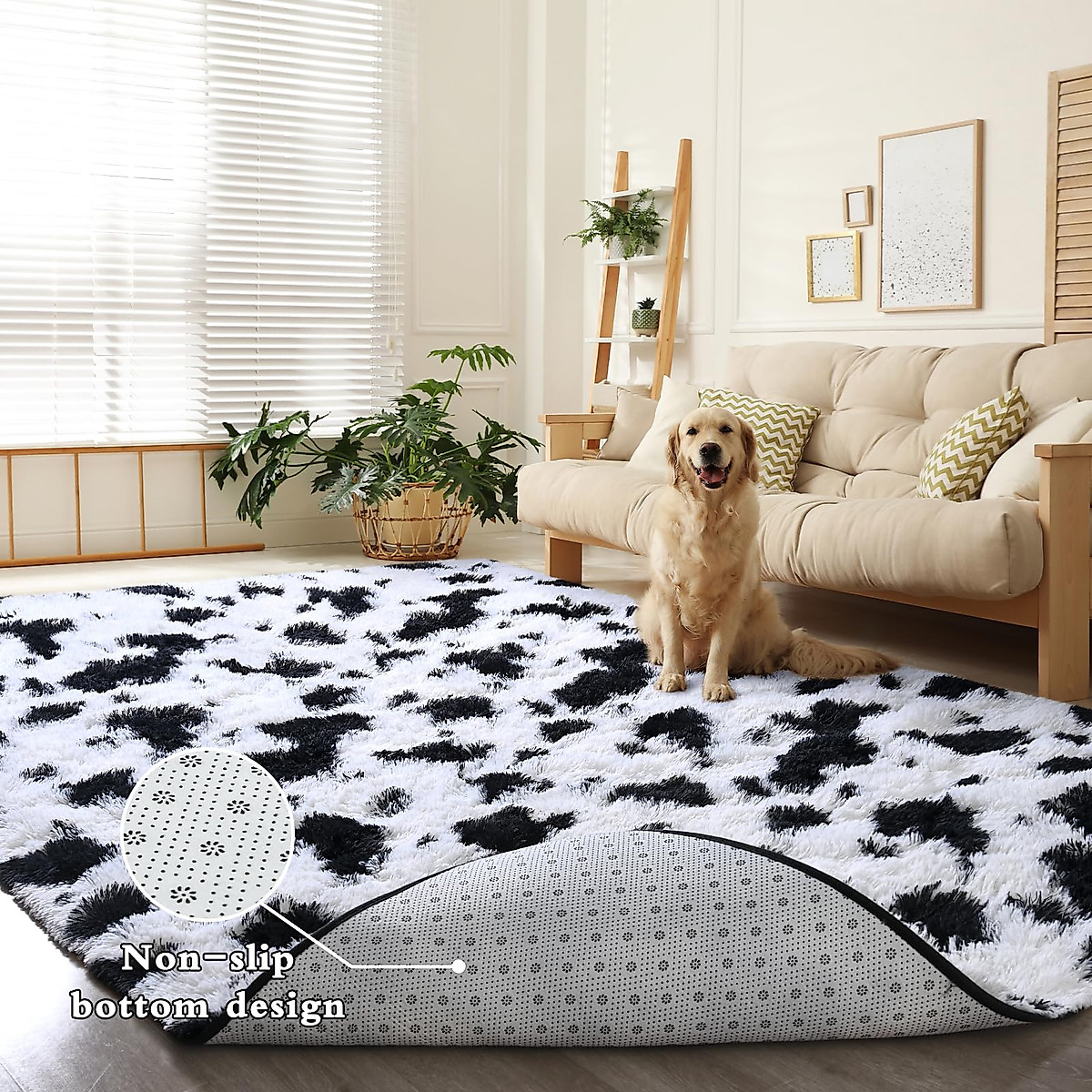 DweIke Super Soft Shaggy Rugs Fluffy Carpets, 3x5 Feet, Cow Print Rug for Living Room Bedroom, Fluffy ​Rug for Girls Kids Room, Shag Plush Rug for Teen Room Decor, Black-White