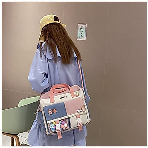 Kawaii Backpack with Pom Pom, Japanese Cute Tote Bag Aesthetic Crossbody Shoulder Bag Messenger Bag School Handbag (Pink)