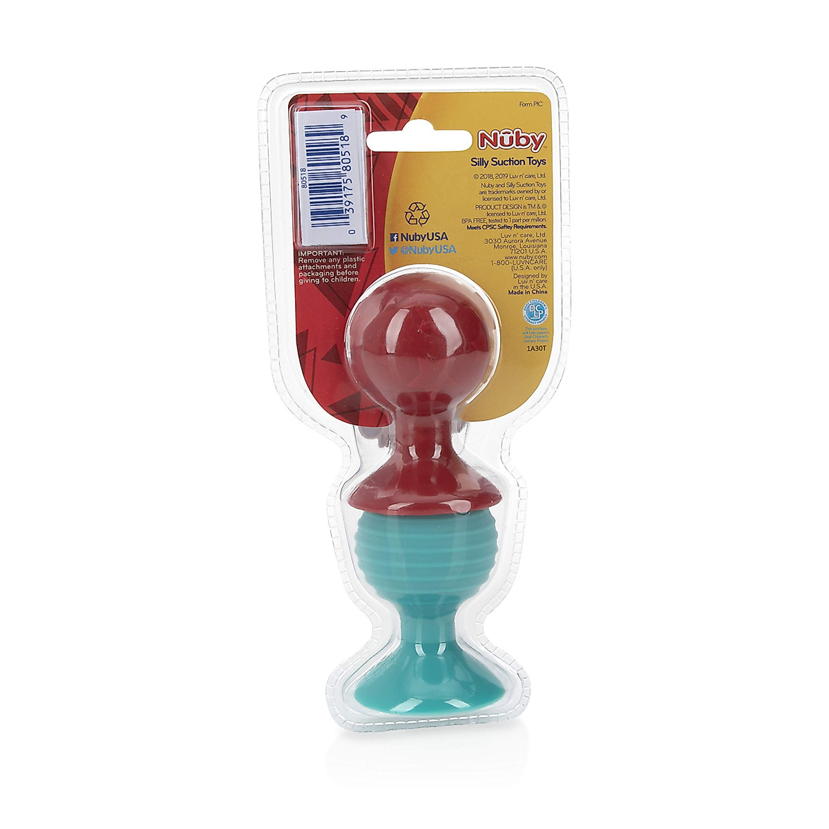 Nuby Silly Rattle Ball Interactive Suction Toys, Red/Aqua, 2 Count