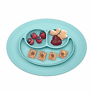ezpz Mini Mat - 100% Silicone Suction Plate with Built-in Placemat for Infants + Toddlers - First Foods + Self-Feeding - Comes with a Reusable Travel Bag (Aqua)