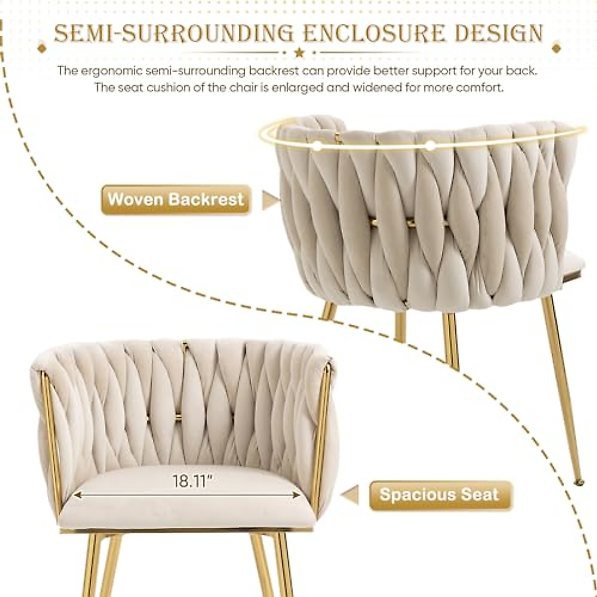 Upholstered Velvet Dining Chairs Set of 2, Modern Living Room Chair with Woven Back and Golden Metal Legs, Mid-Century Accent Side Chair for Dining Room, Living Room, Kitchen, Vanity Room, Ivory