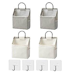 Speusurea 4 Pack White and Gray Wall Hanging Storage Bag Bathroom Closet Hanging Organizer Bag Waterproof Storage Basket with Sticky Hook Contton Linen Over The Door Hanging Organizer Box Pocket