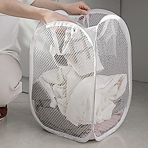 Popup Laundry Hamper with Handle, Foldable Large Capacity Mesh Laundry Hamper Home Supplies White