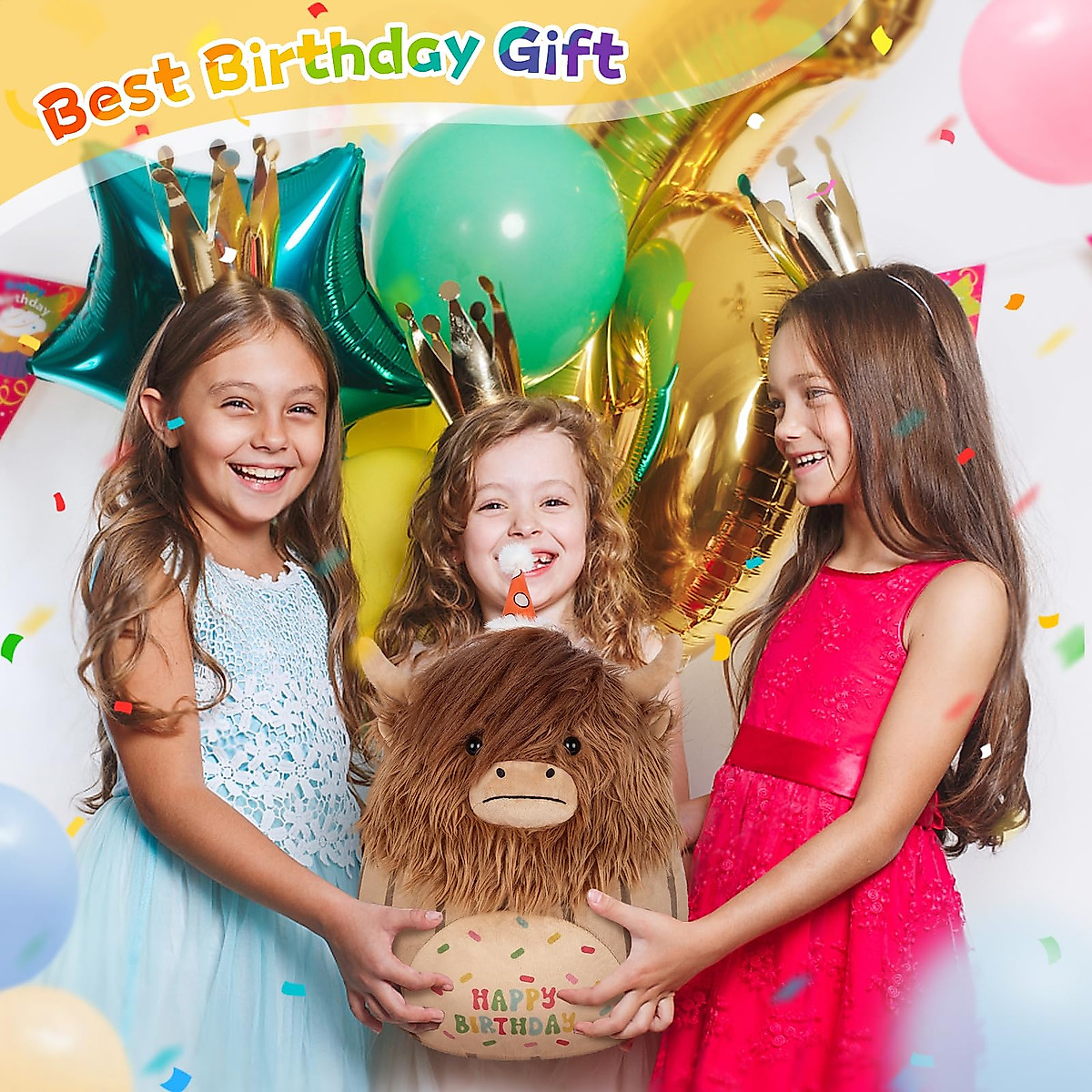 SuzziPals 17 inch Happy Birthday Highland Cow Stuffed Animal Plush Pillows, Soft Cow Pillow Cow Plushies Room Decor, Cows Plush Toys for Hugging & Squish, Highland Cow Gifts Cute Birthday Gifts