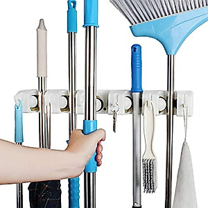 QTJH broom and mop holder wall mounted Storage cleaning Tools Commercial Mop Rack closet organizer tool hanger for Kitchen Garden laundry room and Garage,Handles Up to 1.41-Inches (write, one 5slots)