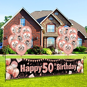 50th Birthday Decorations for Women Rose Gold and Black 50th Birthday Yard Banner and 18 PCS 50th Birthday Balloons for 50th Anniversary Birthday Party Party Supplies Indoor Outdoor Yard Decor