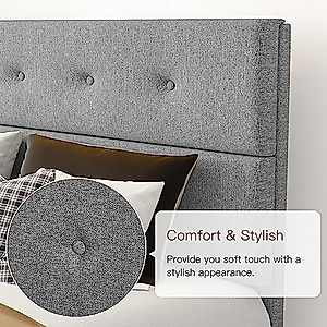 AEZOS Upholstered Queen Size Platform Bed Frame with Headboard and Storage Ottoman, Stitched Button Tufted Mattress Foundation with Wooden Slats Support, No Box Spring Needed, Light Gray