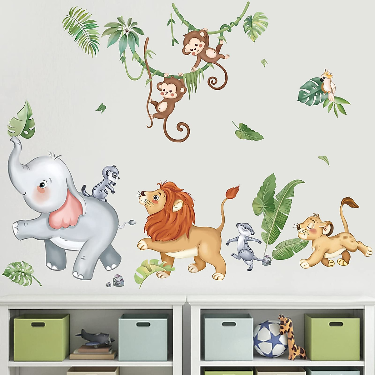 wondever Jungle Animals Wall Stickers Elephant Lion Monkey Safari Animal Peel and Stick Wall Art Decals for Kids Bedroom Baby Nursery