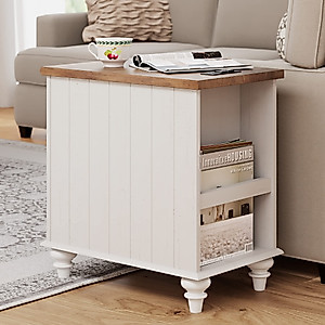 WAMPAT End Table with Charging Station, White Side Table with Storage Cabinet and Drawer, Wood Nightstand with Power Outlets & USB Ports for Bedroom, Living Room