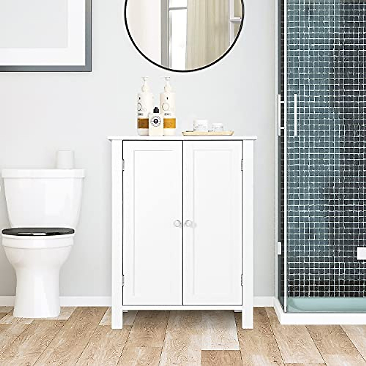 ZENY Bathroom Floor Storage Cabinet with Double Door + Adjustable Shelf, Wooden Organizer Cabinet for Living Room, Bathroom, Bedroom, Modern Home Furniture, White