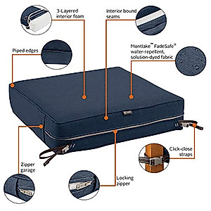 Classic Accessories Montlake FadeSafe Water-Resistant 25 x 27 x 5 Inch Rectangle Outdoor Seat Cushion, Patio Furniture Chair Cushion, Heather Indigo Blue, Outdoor Cushion Cover