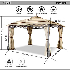 CHARMELEON 11x13 Gazebo for Patio, Gazebo with Curtains & Netting & Sandbags, Double Tier Roof with Herringbone Beam Marquee Canopy for Garden, Deck, Backyard, Lawn (Khaki)