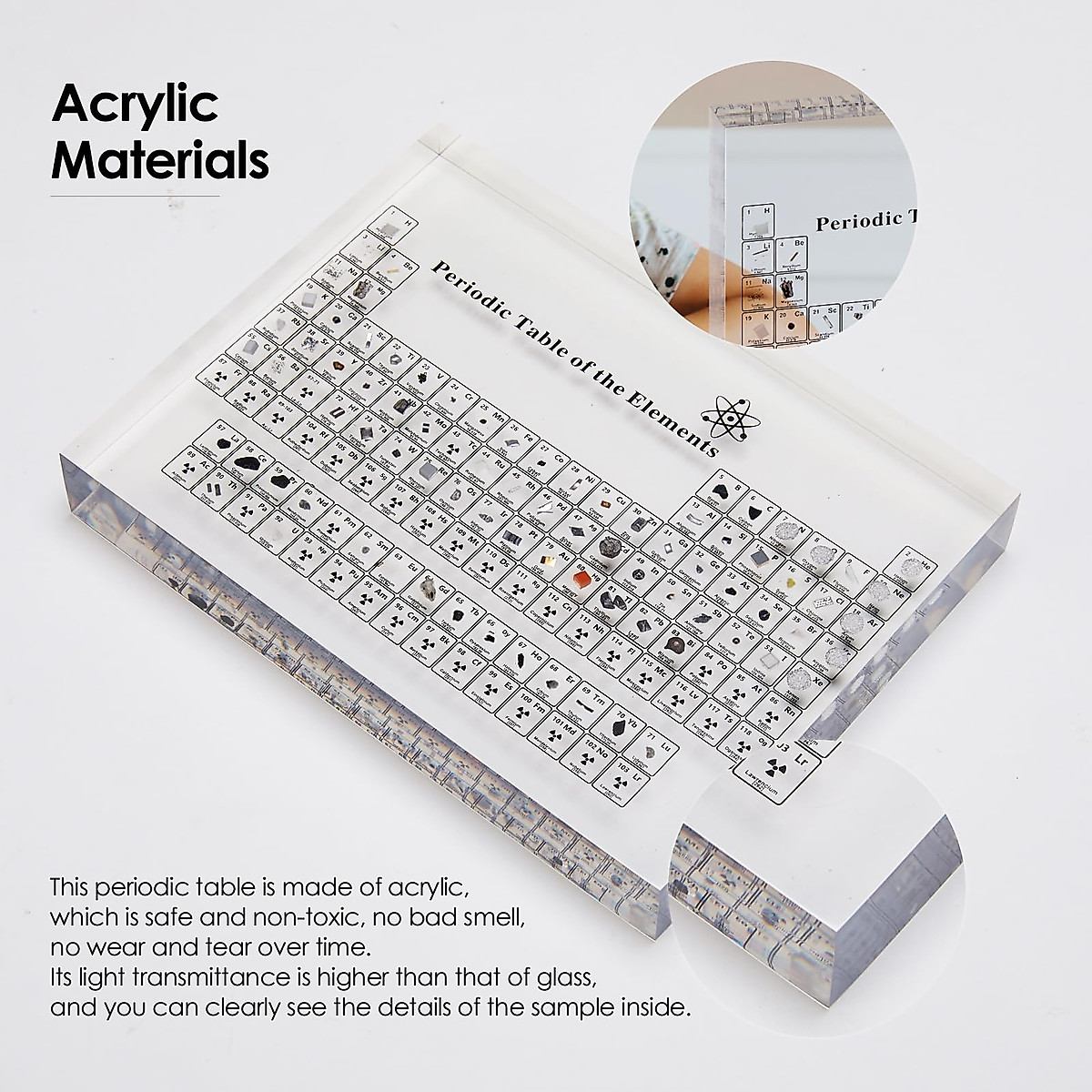 Periodic Table with Real Elements Inside, Acrylic Periodic Table Display with 83 Real Elements Samples, Craft, Teaching Tool, Gift for Kid, Students, Teacher, Science Lovers, 6*4.5*0.8 inch