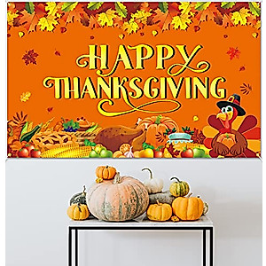 PTFNY Happy Thanksgiving Backdrop Banner 73 x 43 Inch Large Thanksgiving Day Background Banner Maple Leaves Pumpkin Turkey Party Banner Thanksgiving Decorations Photo Booth Props