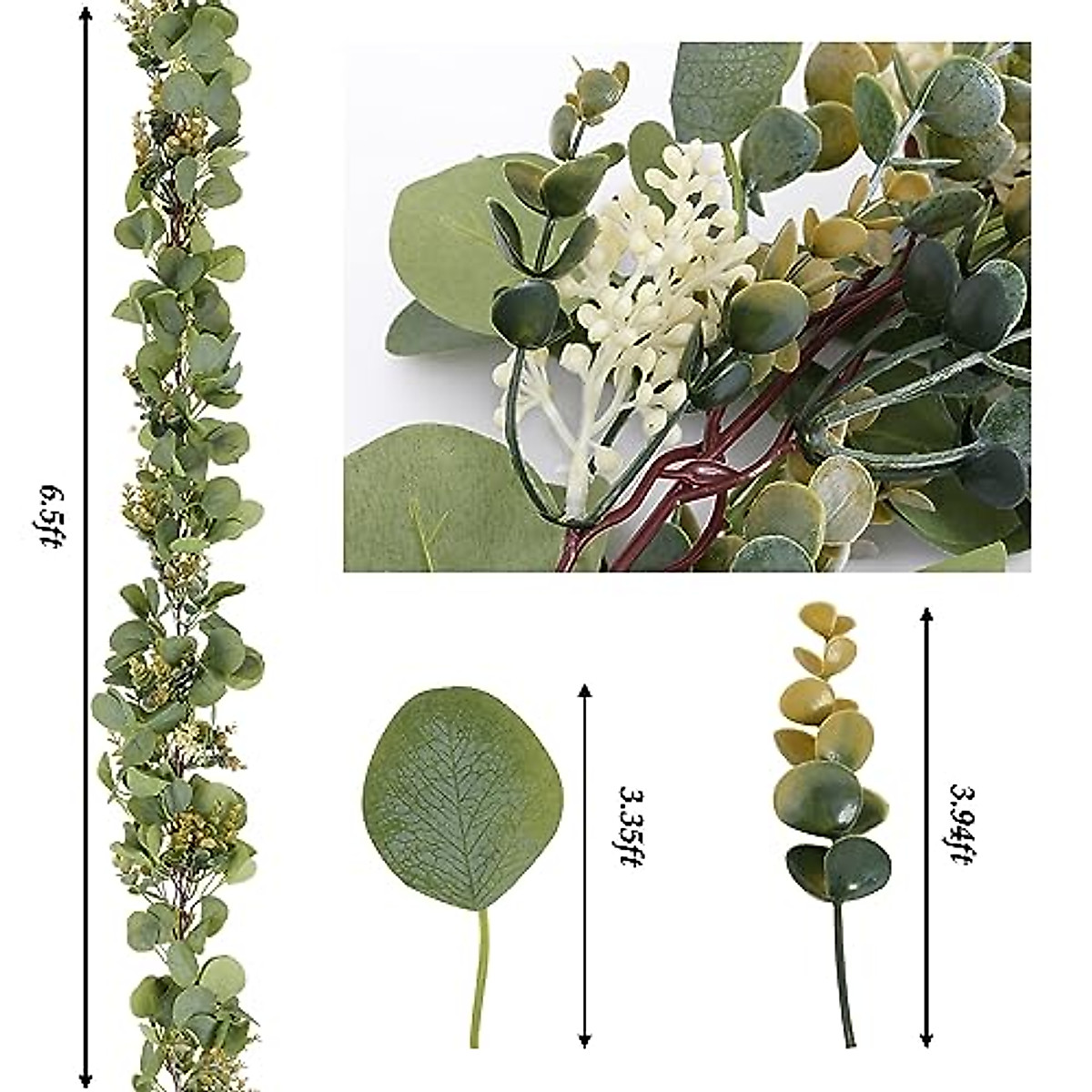 CEWOR 6.5ft Artificial Eucalyptus Garland Detachable Faux Greenery Vines Silver Dollar Eucalyptus Leaves with White Buds for Farmhouse Mantle Wedding Arch Table Centerpiece Backdrop