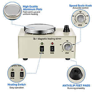 78-1 Magnetic Stirrer Hot Plate Magnetic Mixer 1000ml Lab Hot Plate with Magnetic Stirrer, 2400 RPM Magnetic Stir Plate with 4 Stir Bars and Support Stand, Max 158°F Hotplate Magnetic Stir