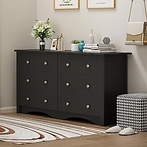 Flamaker 6 Drawer Dresser Chests for Bedroom, Storage Dressers Organizer with Anti-Tilt Devices, Modern Wide Wood Chest of Drawers for Living Room Hallway Entryway (Black)