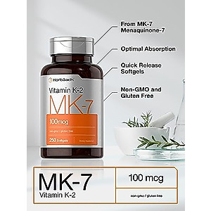 Horbäach Vitamin K2 MK7 100mcg | 250 Softgels | Non-GMO, Gluten Free Supplement