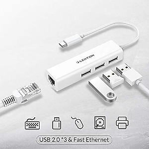 LENTION USB C to 3 USB 2.0 Ports Hub with RJ45 Ethernet LAN Adapter Compatible 2020-2016 MacBook Pro 13/15/16, New Mac Air, MacBook 12, Surface Pro 7/Book 2/Go, Chromebook, More (CB-UC2.0, White)