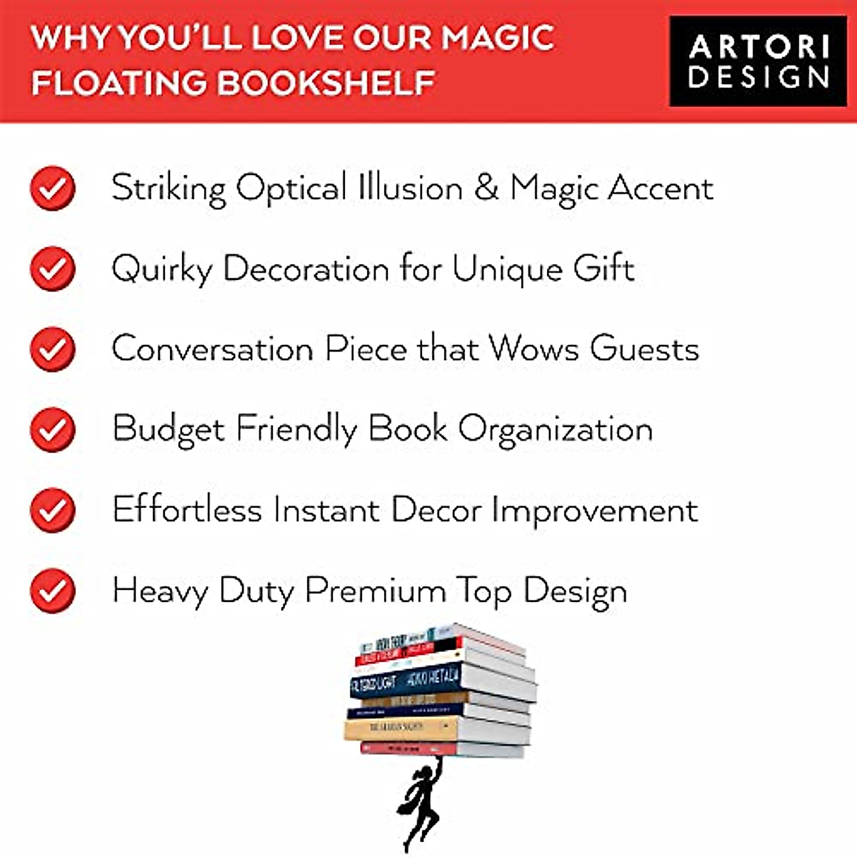 Artori Design Floating Bookshelf for Kids Invisible Shelf - Metal Book Shelf for Wall Decore Book Lovers - Bookshelf Floating Book Shelves for Wall - Superhero Home Decore Bookshelves (Wondershelf)