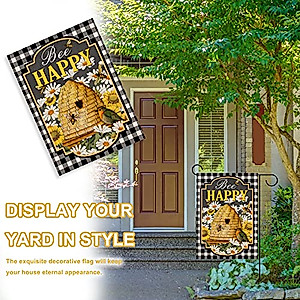 Covido Home Decorative Bee Happy Spring Garden Flag, Daisy Flowers Bird House Yard Buffalo Plaid Check Hive Sunflower Honeycomb Outside Decoration, Summer Farmhouse Outdoor Small Burlap Decor 12 x 18