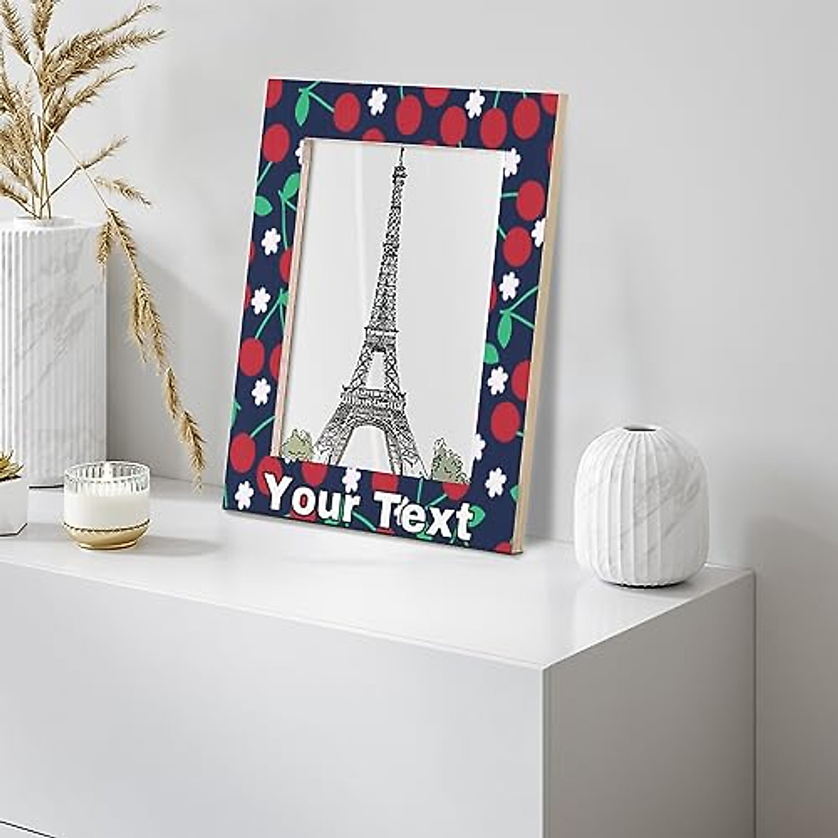 Herdesigns Red Cherry Pattern 8x10 Picture Frame Personalized Custom Text Name Fruit Flower Wooden Picture Frame for Wall and Tabletop Display, Photo Picture Frame Customized Gift